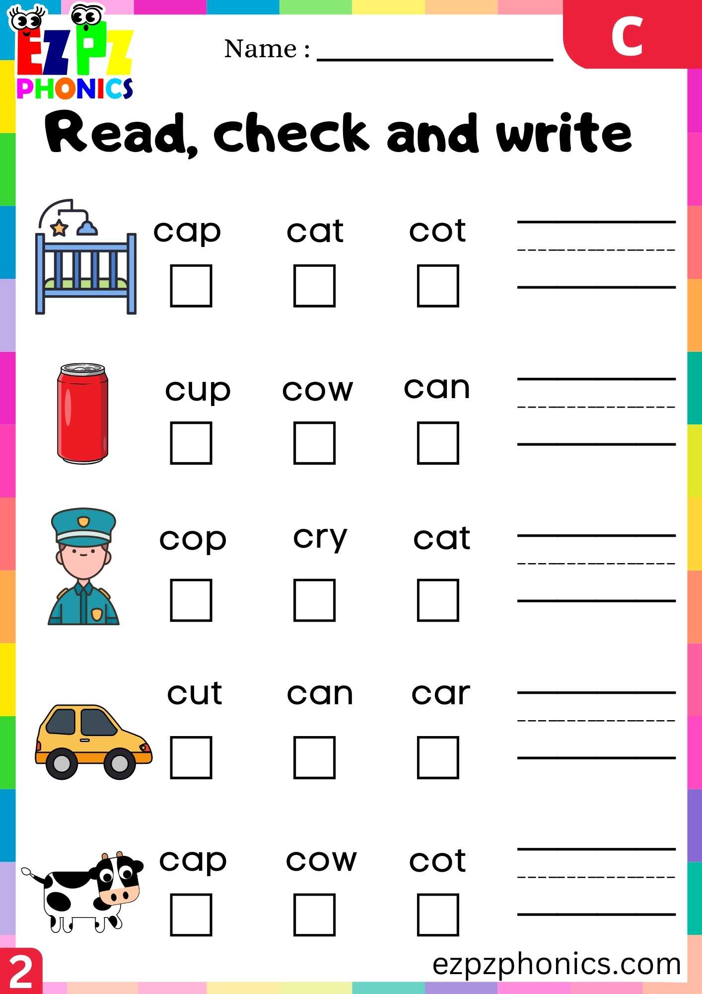 Group2 Letter C Read, Check And Write Beginning Sounds Worksheet - ezpzphonics.com